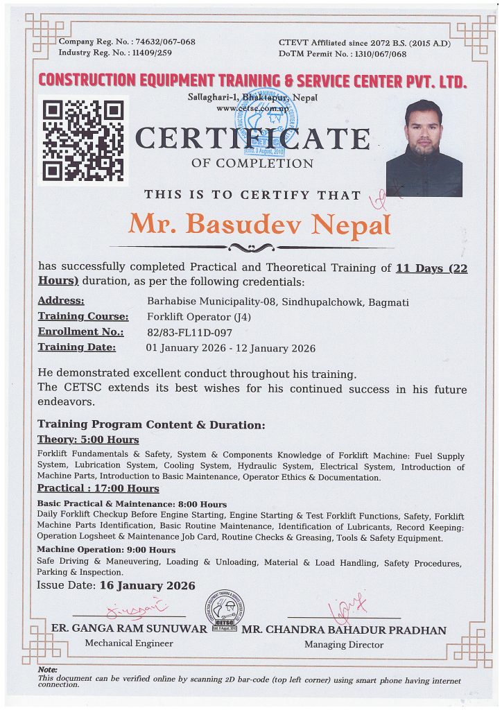 Basudev Nepal - Construction Equipment Training & Service Center Pvt. Ltd.